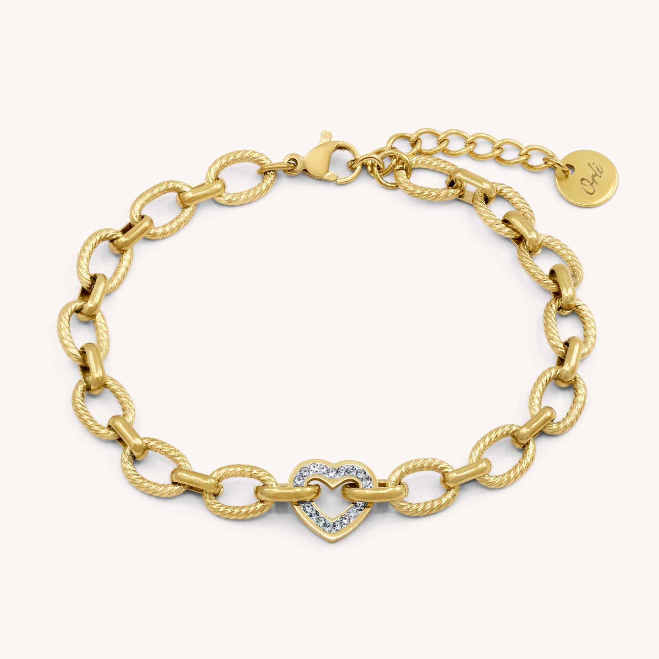 Textured Link Crystal Heart Bracelet, Gold – Orli Jewellery